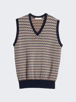 LEMAIRE V Neck Jacquard Vest Beige And Blue - Black