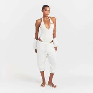 SKIMS Cotton Jersey Deep Plunge Halter Bodysuit Marble Eighty - Marble Skims Eighty