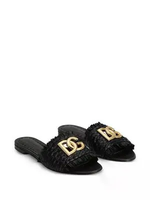 Dolce & Gabbana Woven Raffia Slippers With Fringe - Black