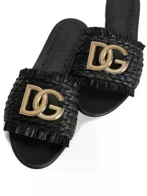 Dolce & Gabbana Woven Raffia Slippers With Fringe - Black