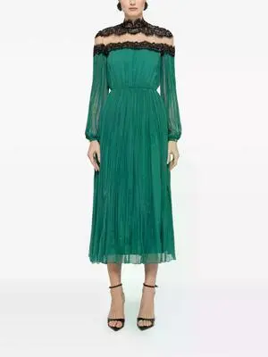 NISSA Lace Panel Silk Midi Dress - Green