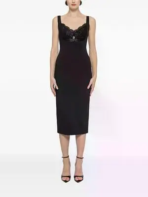 NISSA Lace Sequin Detail Midi Dress - Black