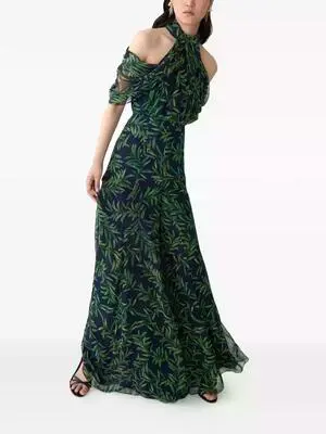 Carolina Herrera Olive Branch-print Wide-leg Pants - Blue