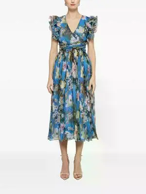 NISSA Ruffled Floral Print Midi Dress - Blue