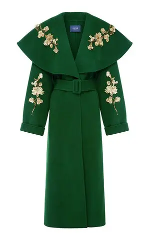 LEO LIN Joan Embellished Wool Coat - Dark Green