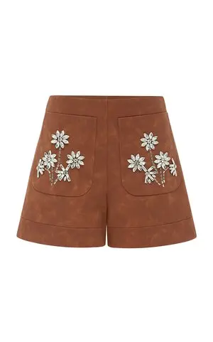 LEO LIN Tessa Embellished Vegan Suede Shorts - Brown