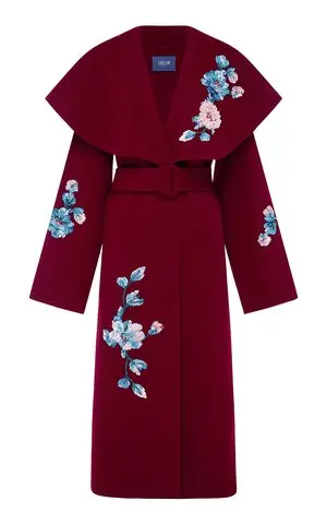 LEO LIN Joan Embroidered Wool Coat - Burgundy