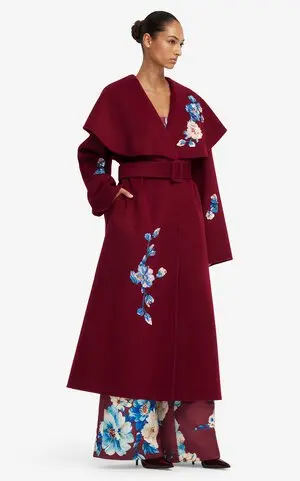LEO LIN Joan Embroidered Wool Coat - Burgundy