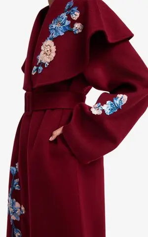 LEO LIN Joan Embroidered Wool Coat - Burgundy