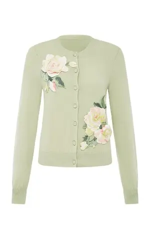 LEO LIN Claire Embroidered Wool Blend Cardigan - Green