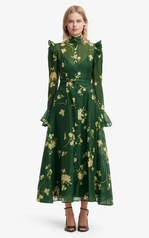 LEO LIN Katrina Linen Blend Midi Dress - Dark Green