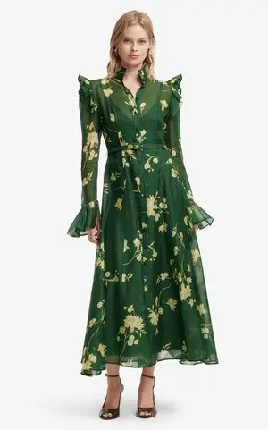 LEO LIN Katrina Linen Blend Midi Dress - Dark Green