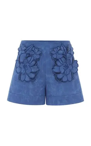 LEO LIN Tessa Applique Vegan Suede Shorts - Blue