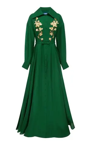 LEO LIN Josephine Embellished Silk Gown - Dark Green