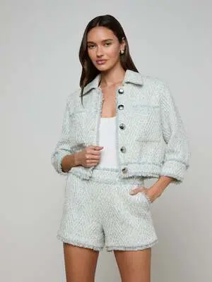 L'Agence Jia Fringed Tweed Jacket - Light Blue/ivory Chevron