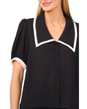 CECE DUPRAZ Puff Sleeve Point Collar Top - Rich Black