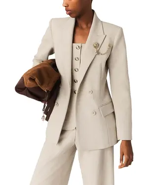 Maje Suit Jacket With Brooch - Beige