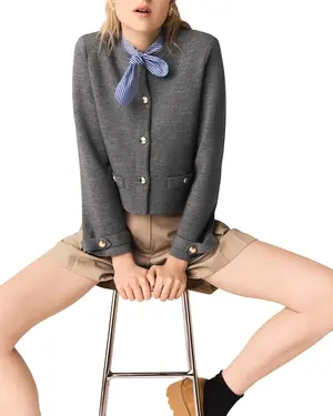 Maje Cropped Cardigan With Removable Striped Collar - Light Grey