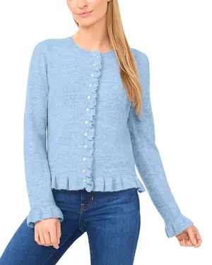CECE DUPRAZ Long Sleeve Ruffle Edge Cardigan Sweater - Blue Heather