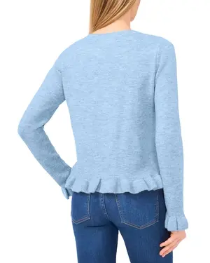 CECE DUPRAZ Long Sleeve Ruffle Edge Cardigan Sweater - Blue Heather