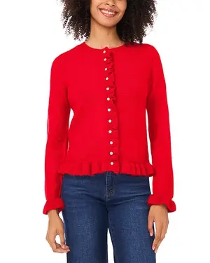 CECE DUPRAZ Long Sleeve Ruffle Edge Cardigan Sweater - Bright Cherry