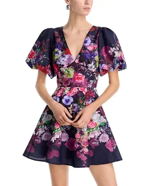 Aqua Floral V-neck Mini Dress - Navy Multi