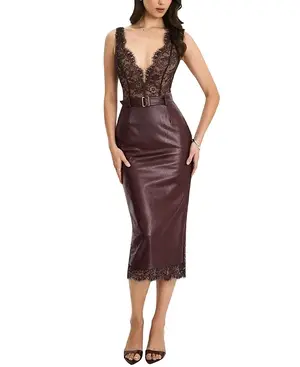 MISS CIRCLE Fiera Plunging Halter Belted Midi Dress - Mahogany
