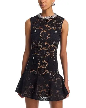 SELF-PORTRAIT Lace Crystal Embellished Mini Dress - Black