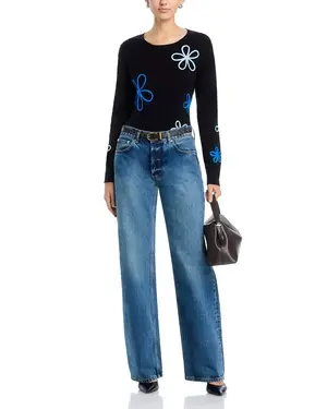T Tahari Crewneck Floral Applique Pullover Sweater