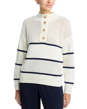 T Tahari Long Sleeve Half Button Down Mock Neck Stripe Pullover Sweater - White Star