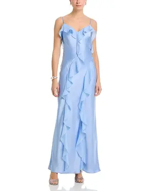 Aqua Long Satin Ruffled Gown Exclusive - Pastel Blue