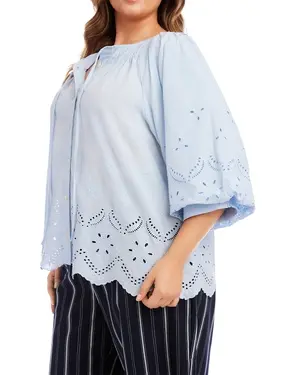 Karen Kane Puff Sleeve Embroidered Top - Blue