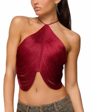 EDIKTED Hara Fringed Crisscross Backless Top - Burgundy