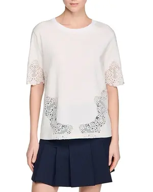 Sandro Cotton Tee With Lace Detail