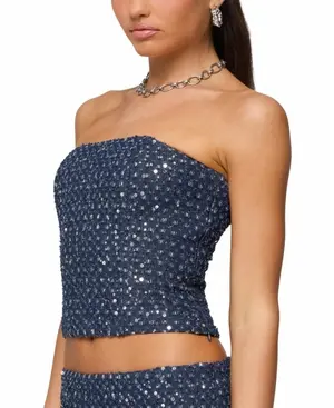 EDIKTED Sora Sequin Distressed Denim Corset