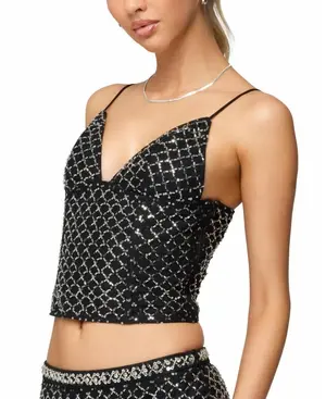 EDIKTED Jenny Beaded Mesh Boned Top