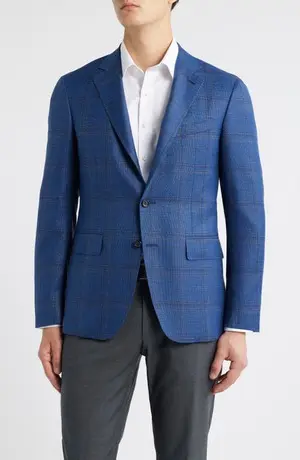 Canali Kei Trim Fit Blue Mélange Shadow Plaid Wool & Silk Blend Sport Coat - Brt Blue