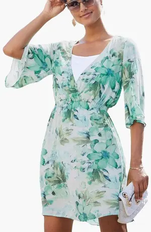 LASCANA Floral Print V-neck Fit & Flare Midi Dress - Blue Multi