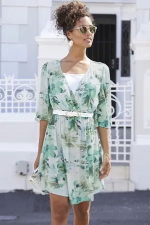LASCANA Floral Print V-neck Fit & Flare Midi Dress