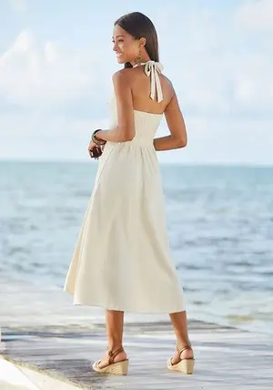 LASCANA Flowy Halter Neck Linen Blend Dress