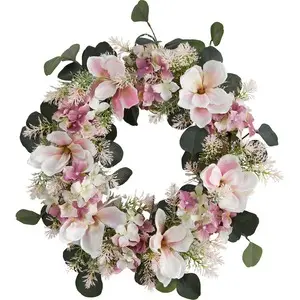 NEARLY NATURAL 20-in Hydrangea And Magnolia Artificial Wreath - Pink