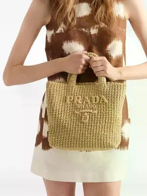 Prada Small Crochet Raffia Tote Bag - Neutrals