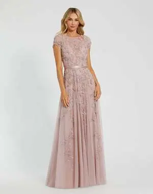 Mac Duggal Petite Floral Embellished Cap Sleeve Gown - Pink