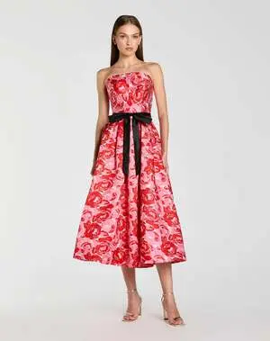 Mac Duggal Strapless Floral Brocade Midi Dress With Bow Belt - Red Multi