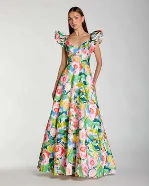 Mac Duggal Floral Ruffle Cap Sleeve Ball Gown
