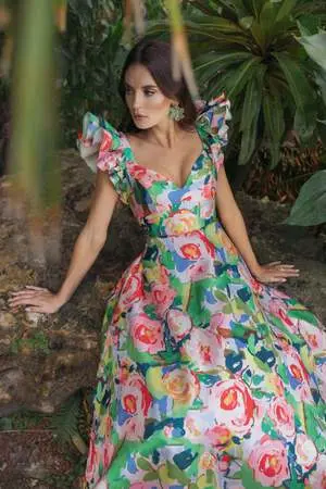 Mac Duggal Floral Ruffle Cap Sleeve Ball Gown
