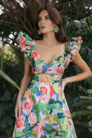 Mac Duggal Floral Ruffle Cap Sleeve Ball Gown