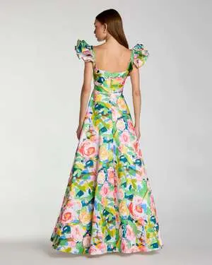Mac Duggal Floral Ruffle Cap Sleeve Ball Gown