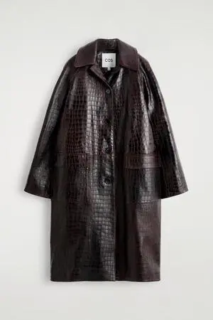 Cos Croc-effect Leather Long Coat - Brown