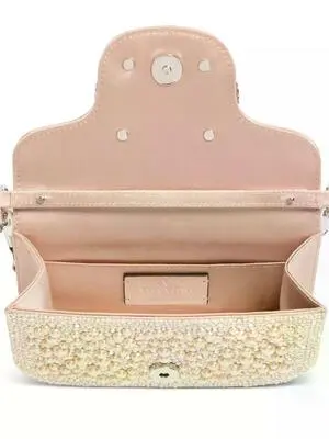 Valentino Garavani Locò Small Shoulder Bag With Pearls And Rhinestones - Neutrals